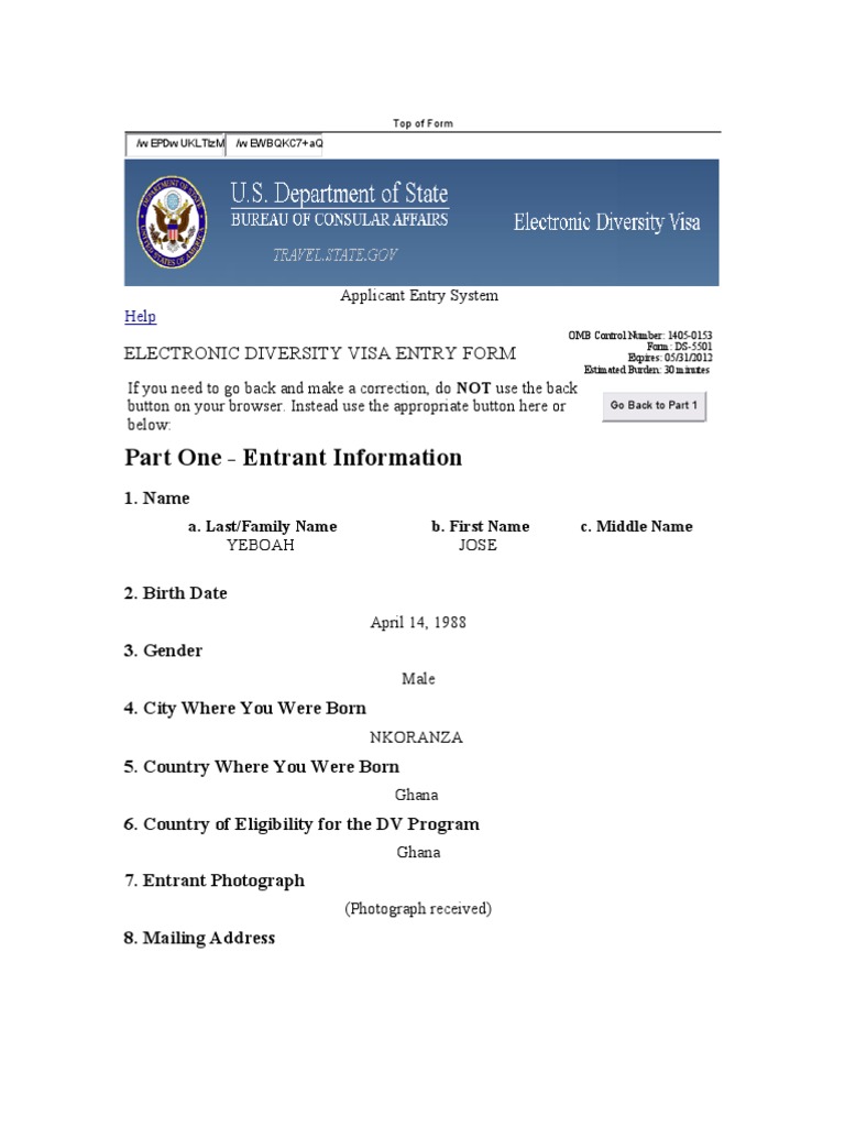 Part One - Entrant Information: Electronic Diversity Visa Entry Form ...