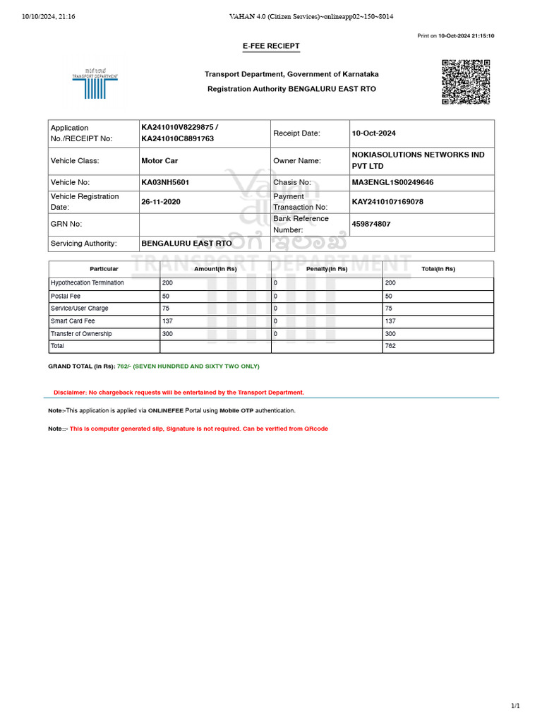 VAHAN 4.0 (Citizen Services) Onlineapp02 150 Dsfss | PDF | Receipt ...