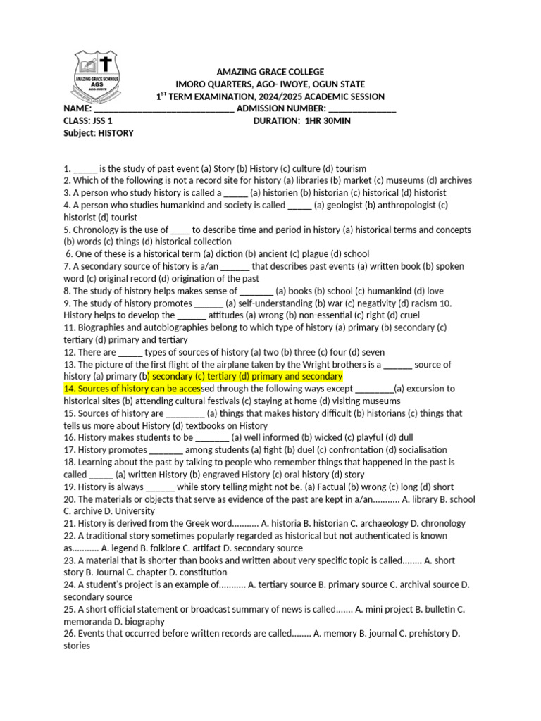 JSS1 History First Term Exam | PDF | Liberal Arts Education