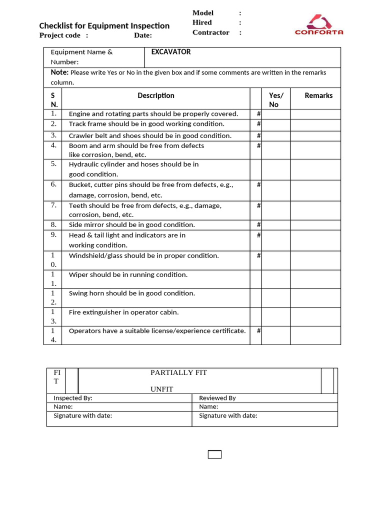 Inspection Checklist For EXCAVATOR (AD-Internal) | PDF