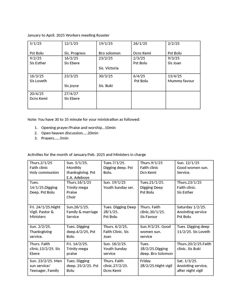 Monthly Ministration Time Table | PDF | Rituals | Christian ...