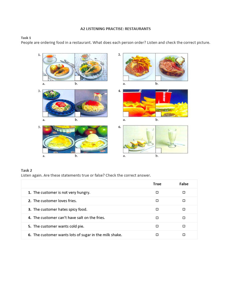 A2 LISTENING PRACTISE | PDF | Menu | Restaurants