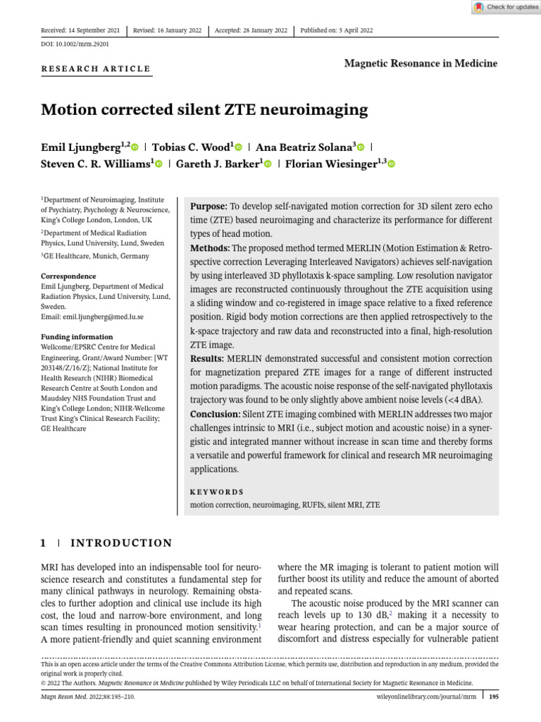 (Ljungberg22) Motion Corrected Silent ZTE Neuroimaging | PDF | Neuroimaging