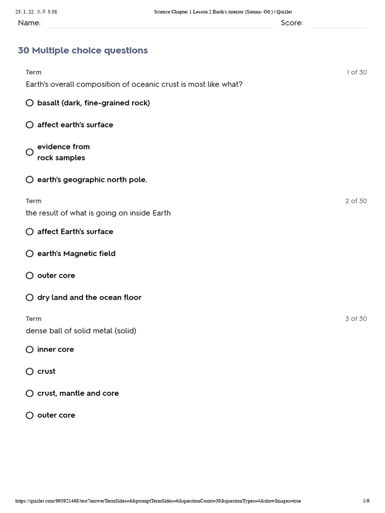 Earth's Interior Quiz: 30 Questions | PDF | Earth | Planetary Core