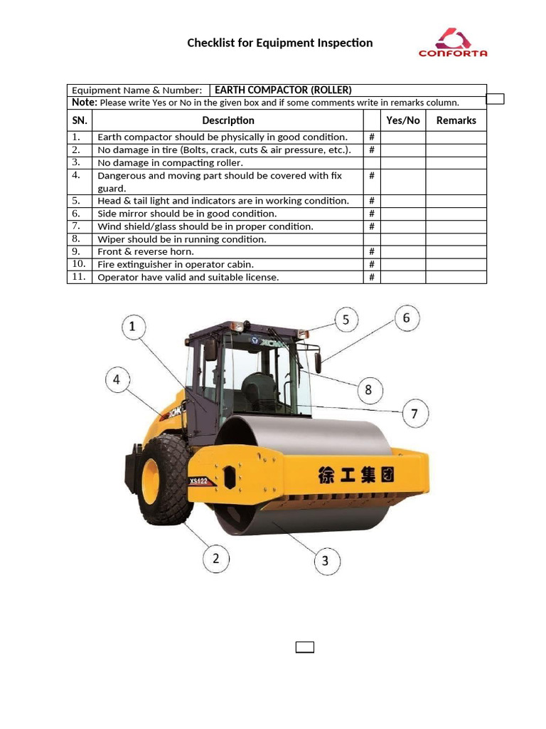 Checklist For Equipment Inspection EARTH COMPACTOR (ROLLER) | PDF