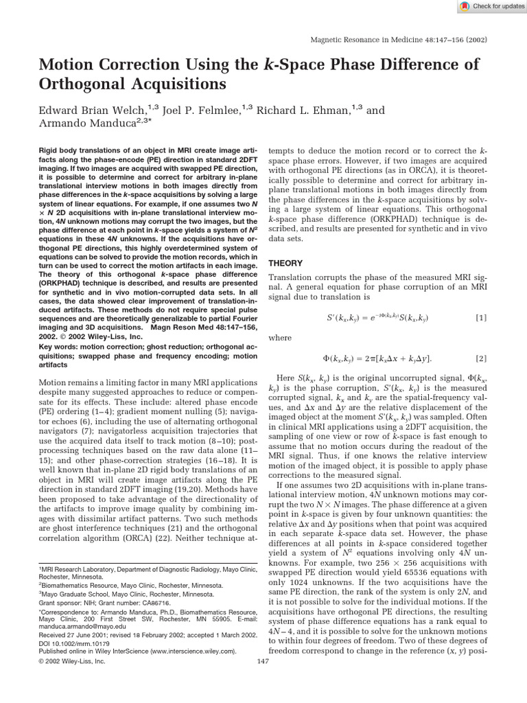 (Welch02) Motion Correction Using The K Space Phase Difference of Orthogonal Acquisitions | PDF ...