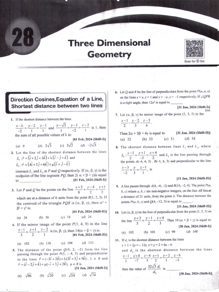JEE PYQs-28-Three Dimensional Geometry | PDF