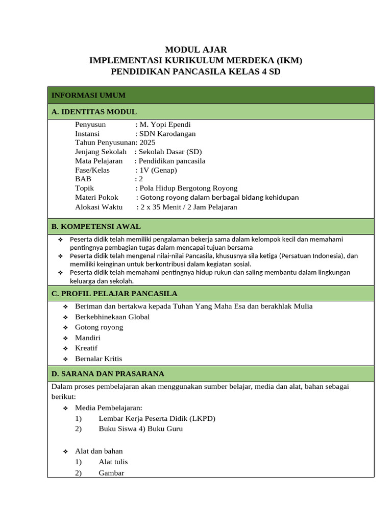 MODUL AJAR PKN Kls 4 Gotong Royong | PDF