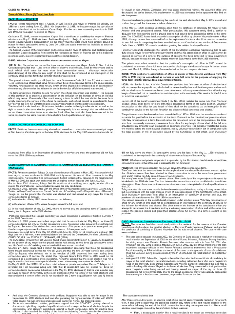 CASES for FINALS - final | PDF | Commission On Elections (Philippines) | Mayor