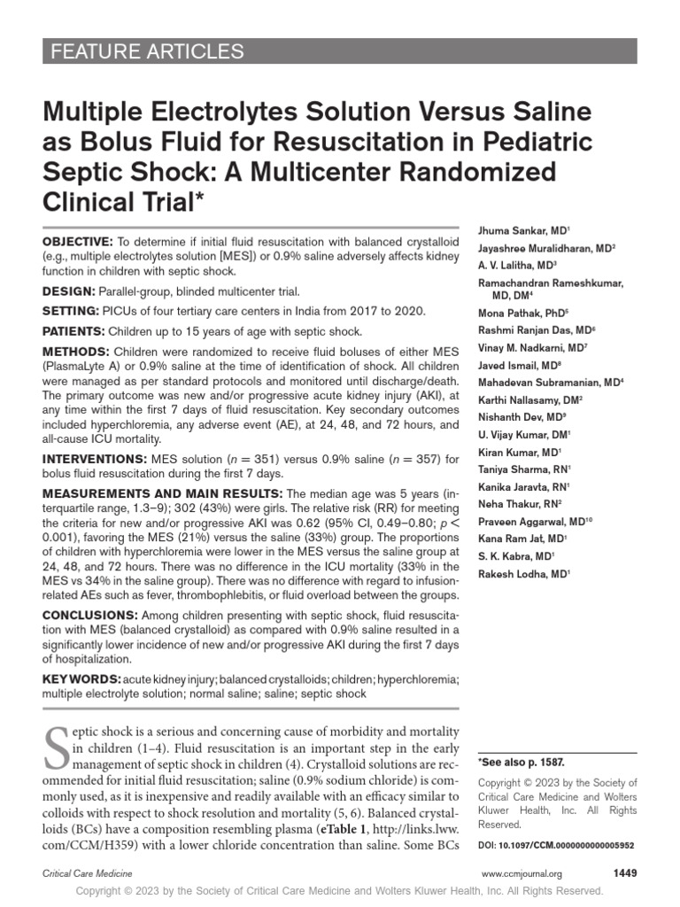2023 Multiple Electrolytes Solution Versus Saline As Bolus Fluid | PDF ...