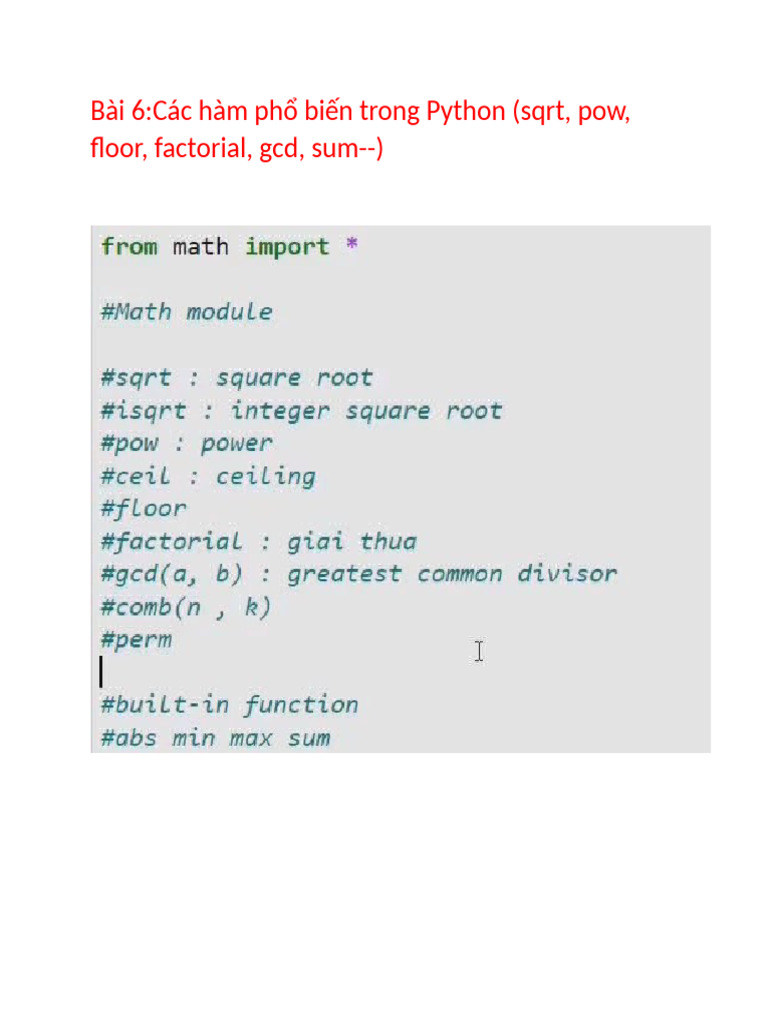 Bài 6 Các hàm phổ biến trong Python (sqrt, pow, floor, factorial, gcd ...