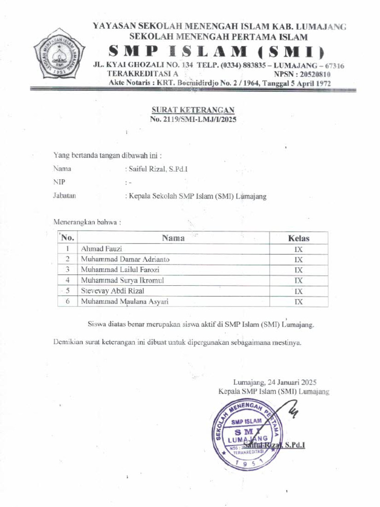 Surat Ket. Siswa SMI | PDF