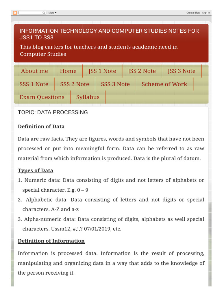 Information Technology and Computer Studies Notes For JSS1 To SS3 ...