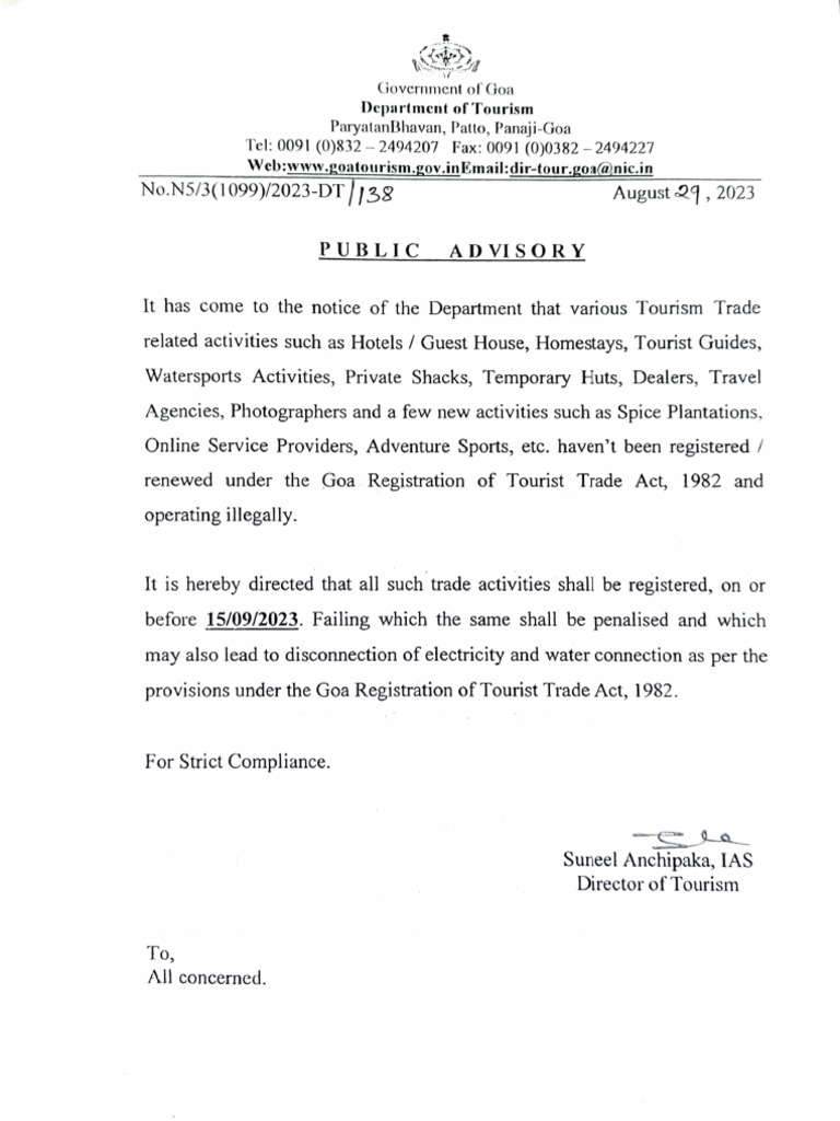 Goa Tourism Trade Registration Notice | PDF