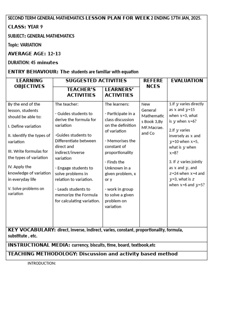 Year 9 Variation Lesson Plan | PDF | Mathematics