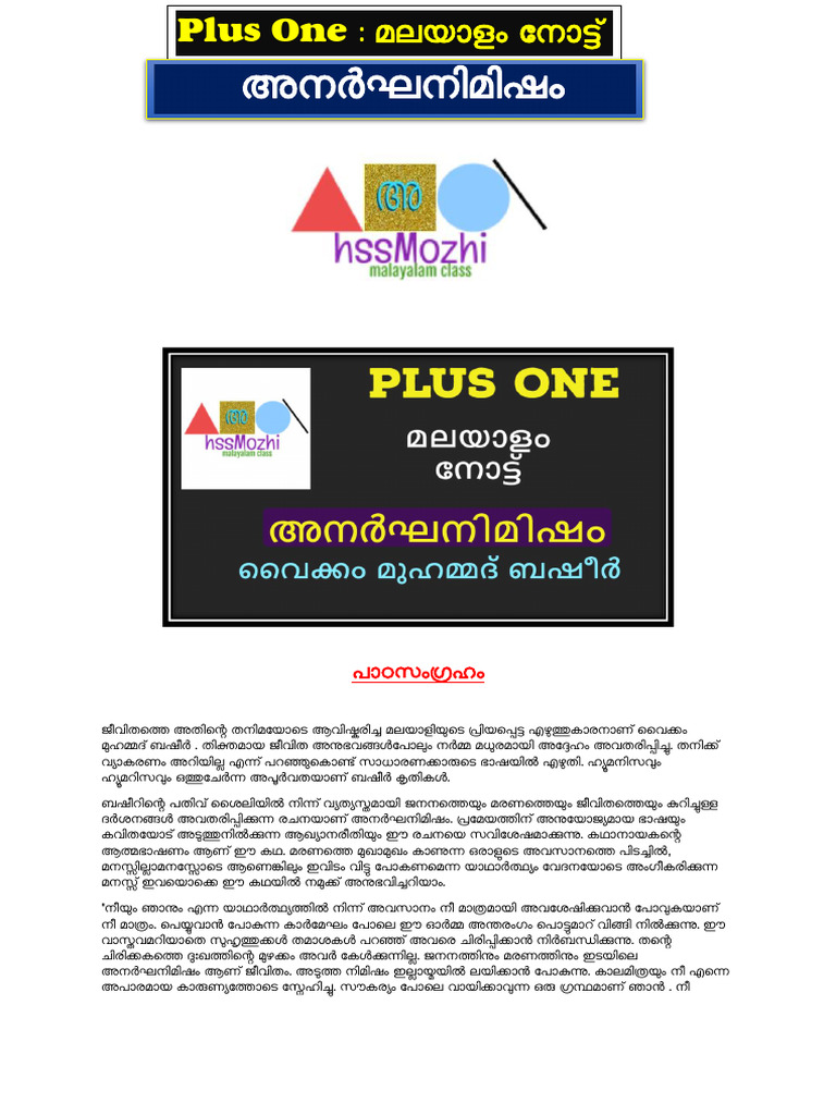 Hsslive Class 11 Malayalam Unit 3 Lesson 3 Anargha Nimisham by Hssmozhi ...
