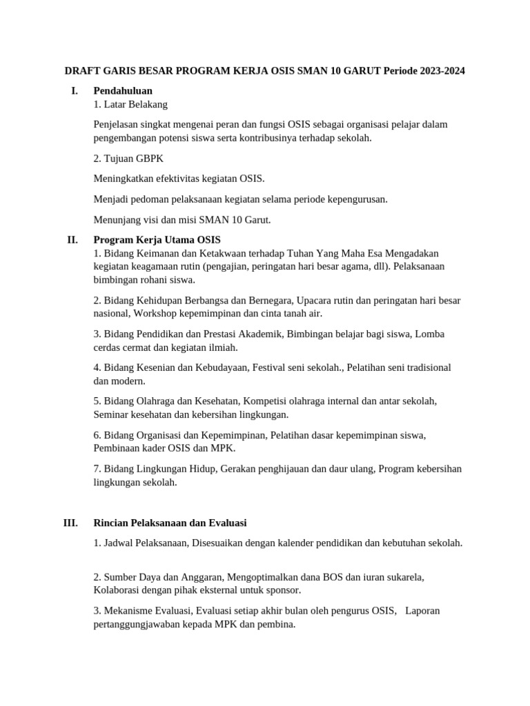 Draft Garis Besar Program Kerja Osis Sman 10 Garut Periode 2023 | PDF