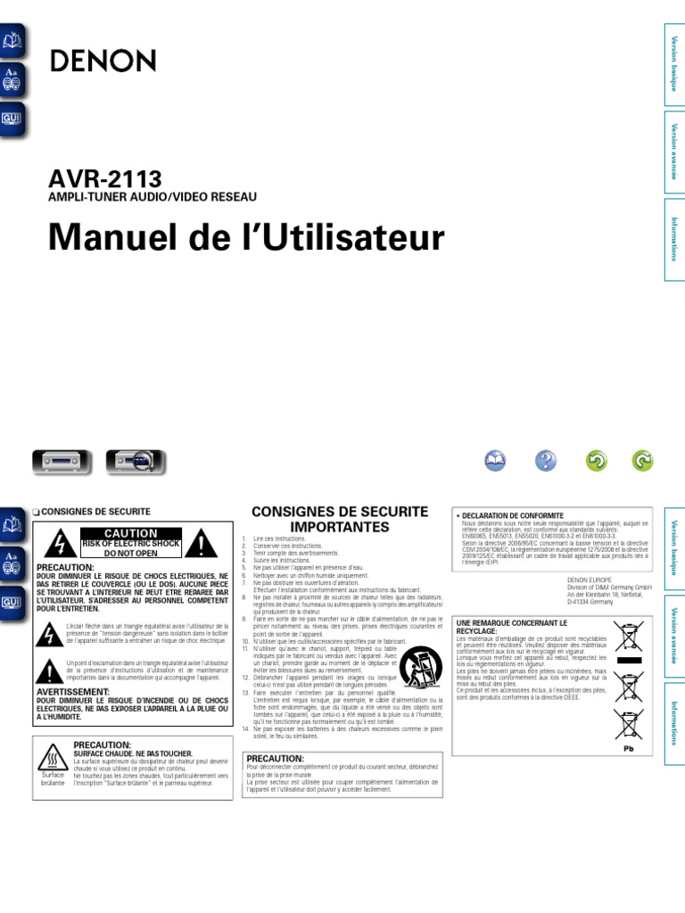 Manuel d'utilisation Ampli-Tuner AVR-2113 | PDF | HDMI | Vidéo