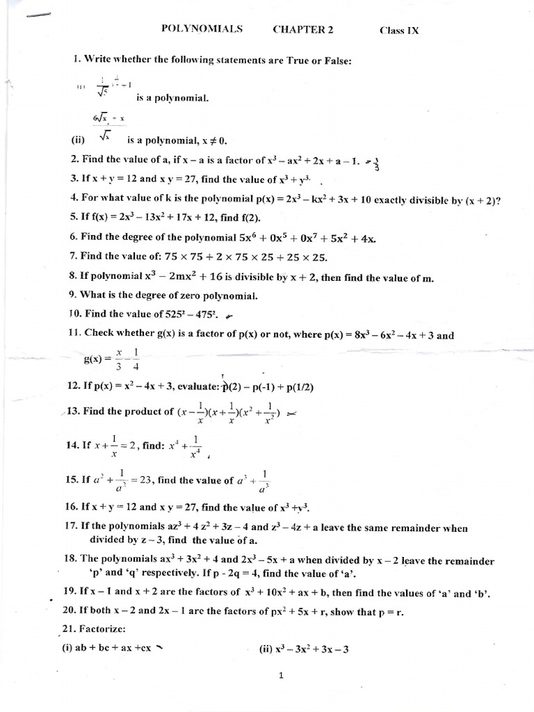 polynomial class 9 question paper (1) | PDF