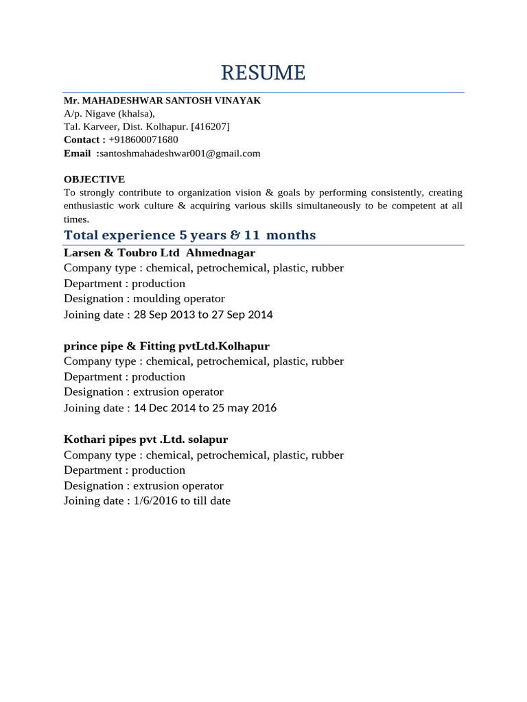 Santosh Final Resume | PDF | Extrusion | Mechanical Engineering