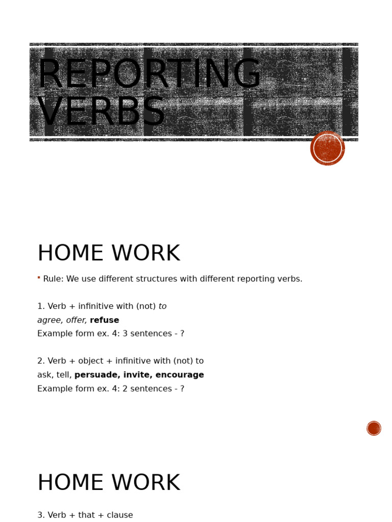 Reporting Verbs Homework Guide | PDF