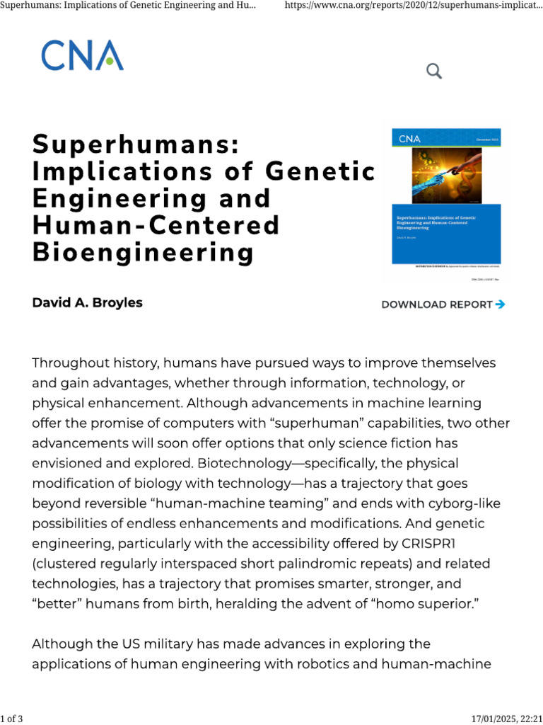 Superhumans - Implications of Genetic Engineering and Human-Centered Bioengineering - CNA | PDF