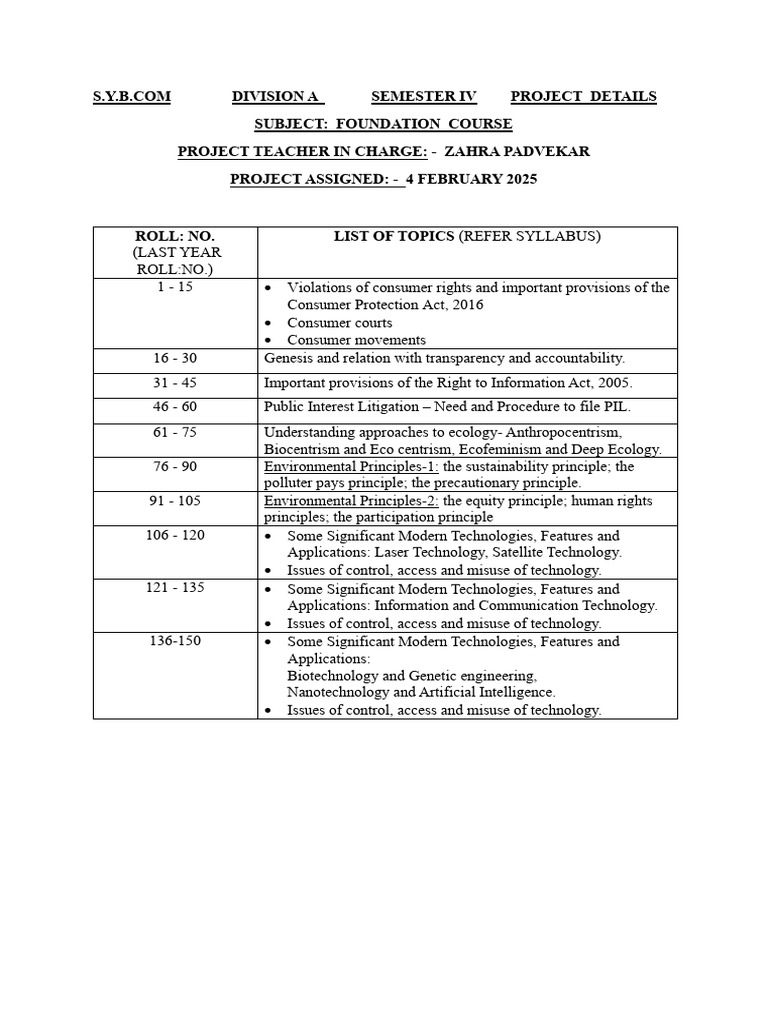 Foundation Course Project Guidelines | PDF | Natural Environment