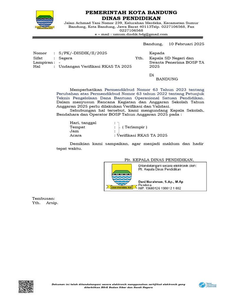 Undangan Verifikasi RKAS 2025-Di Aula Disdik | PDF