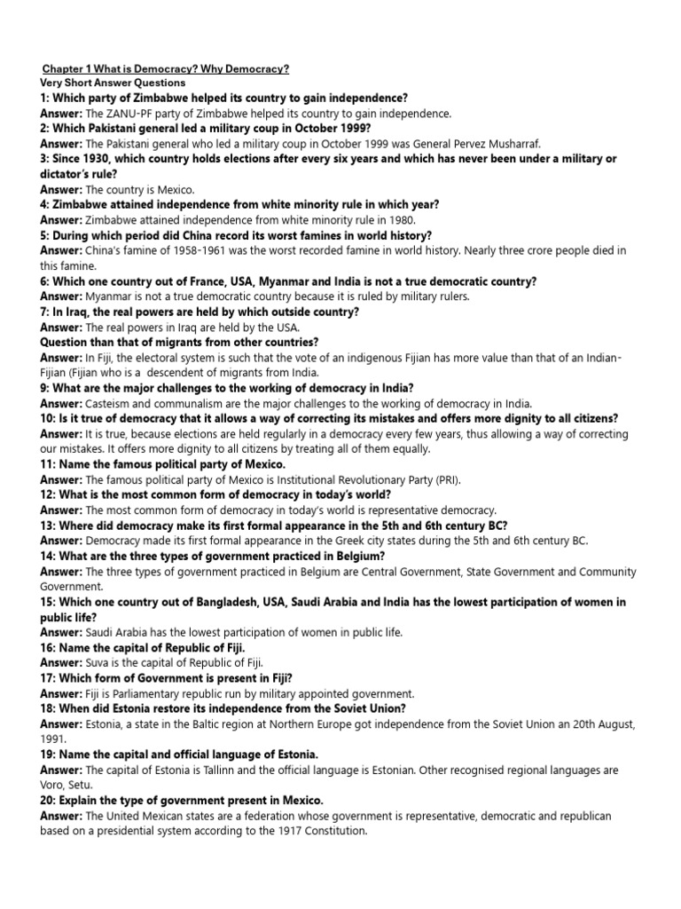 Extra Questions of Civics | PDF | Democracy | Political Ideologies