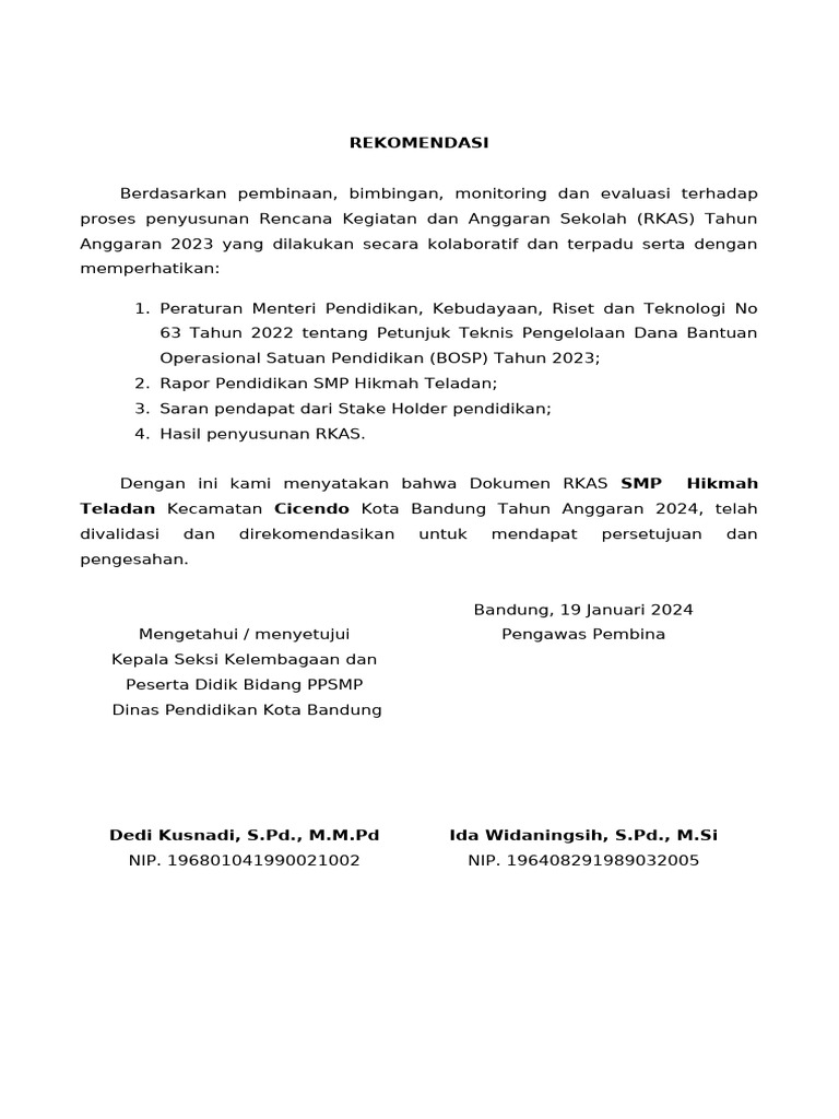 Lembar Pengesahan Rkas SMP HT 2024 | PDF