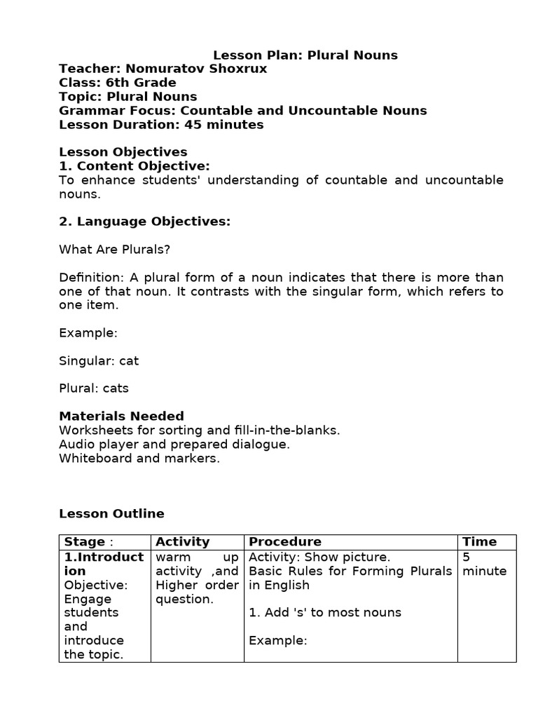 Lesson Plan (1) | PDF | Plural | Noun Lesson Plan (1) | PDF | Plural | Noun