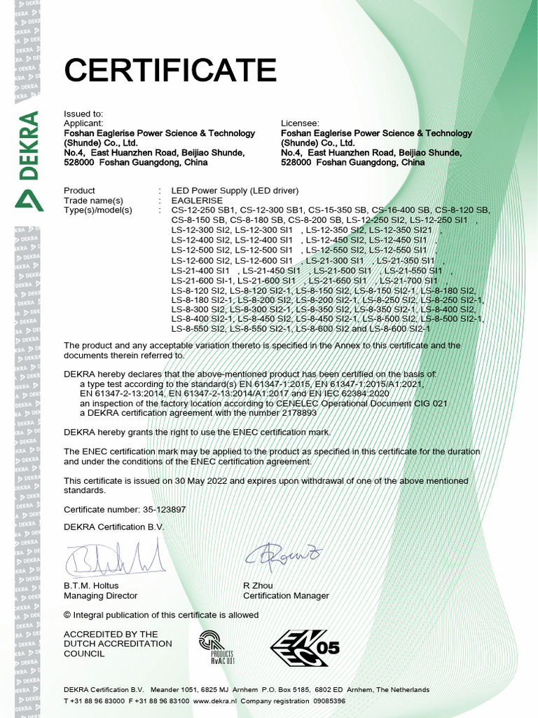 DEKRA ENEC Certification for EAGLERISE | PDF | Alternating Current ...
