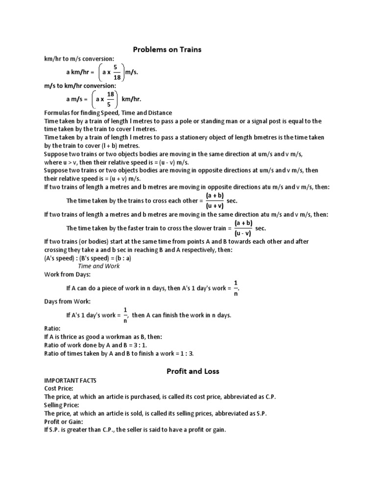 Train Speed Formulas and Conversions | PDF | Fraction (Mathematics) | Area
