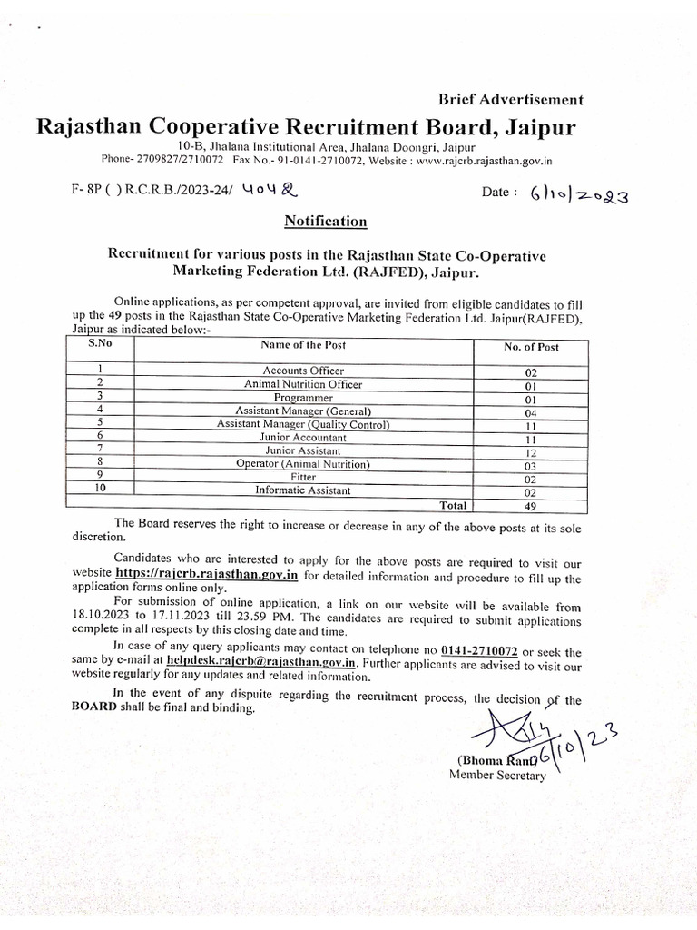 Short_Advertisement_RAJFED_Recruitment_2023_06102023 | PDF