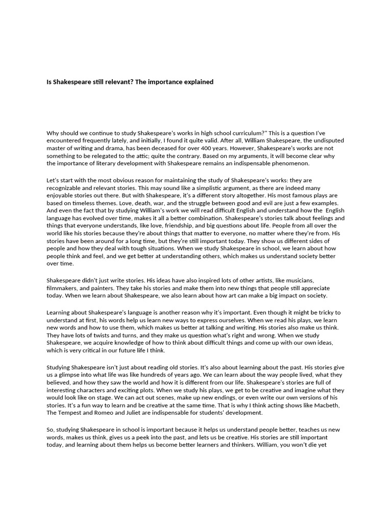 Why Should We Continue To Study Shakespeare Essay Tijn Kersten w6b | PDF