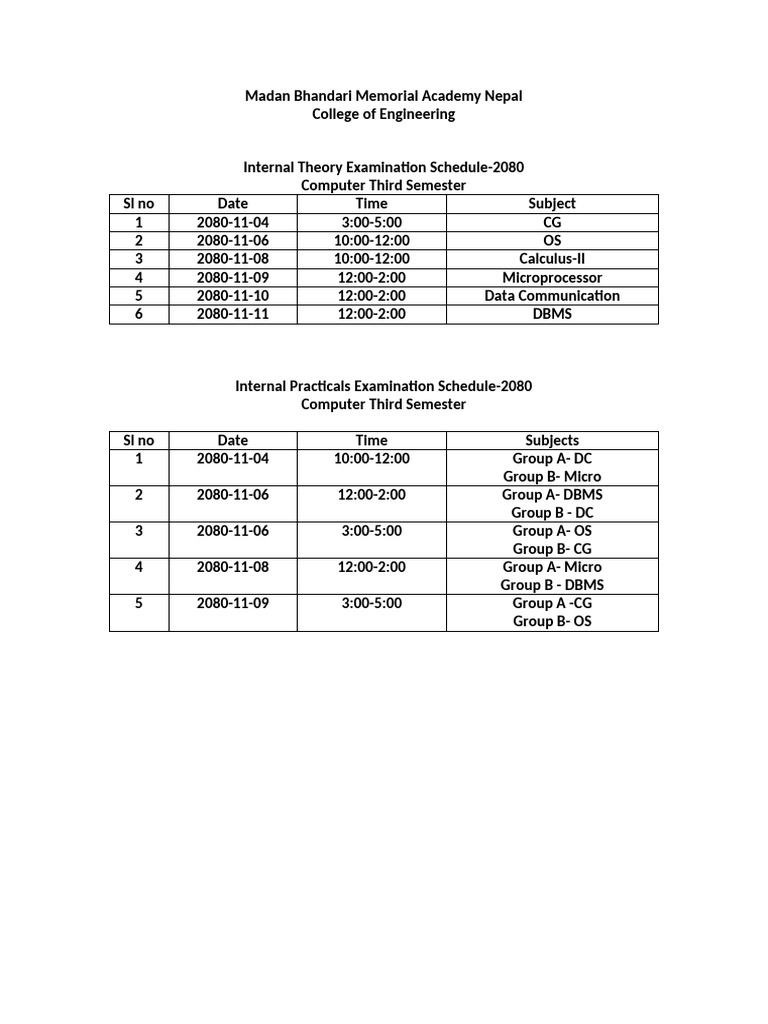 Second Internal Time Table Comp 3rd Sem | PDF