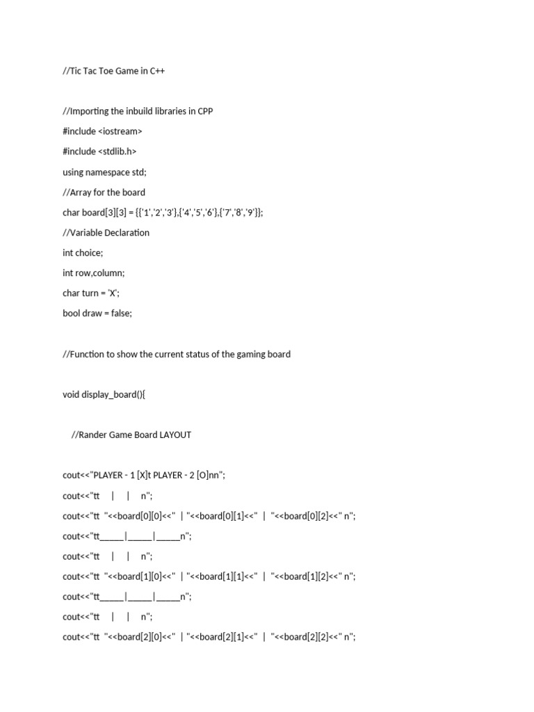 C++ Tic Tac Toe Game Code | PDF