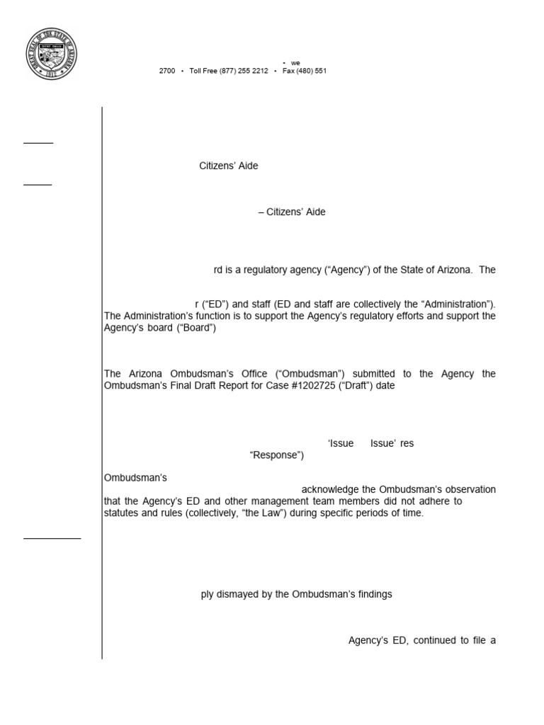 Arizona Medical Board Report 1202725 Agency Response | PDF | Committee ...