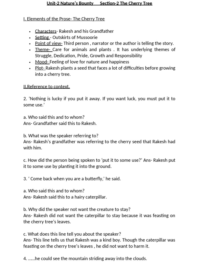 Unit-2" NATURE'S BOUNTY" SECTION-2 "THE CHERRY TREE" | PDF | Trees