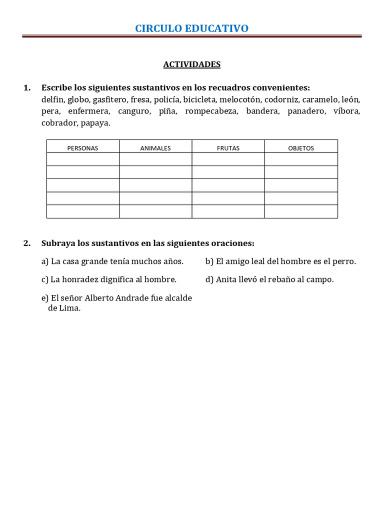 Actividades sobre Sustantivos para Estudiantes | PDF