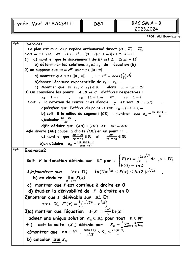 Bac SM 2023 : Exercices et Solutions | PDF | Algèbre générale ...