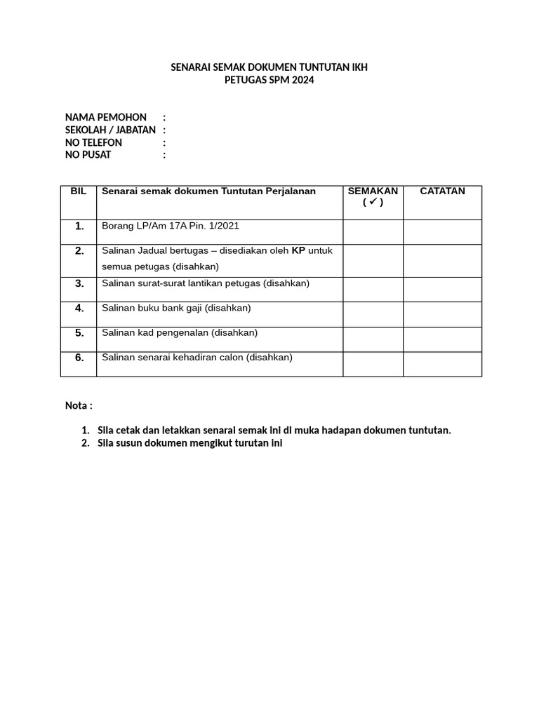 Senarai Semak Dokumen Tuntutan Ikh Edit | PDF