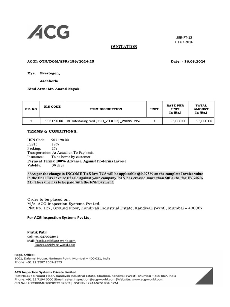 ACG Interfacing Card Quote | PDF