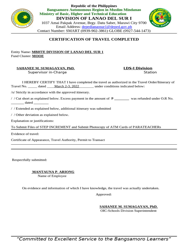 Certification of Travel Completed | PDF