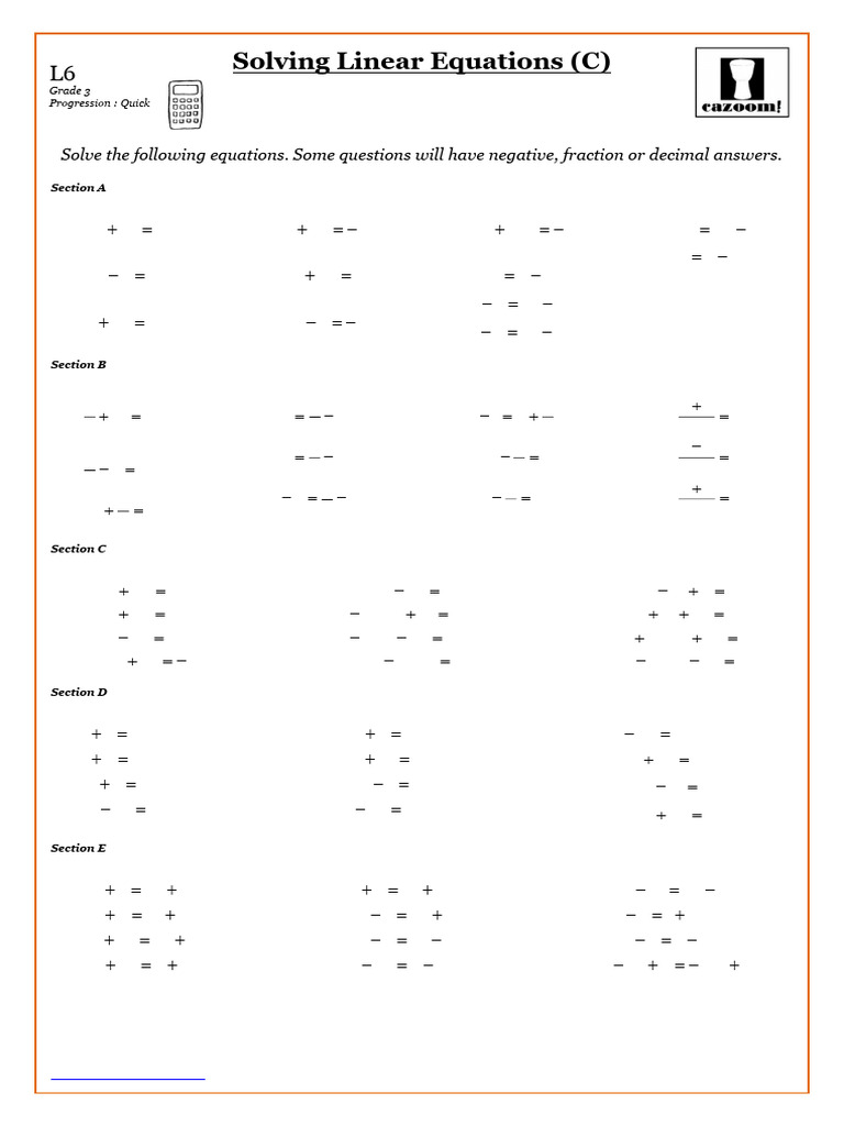 Algebra. Level 6. Equations. Solving Linear Equations (C) | PDF ...