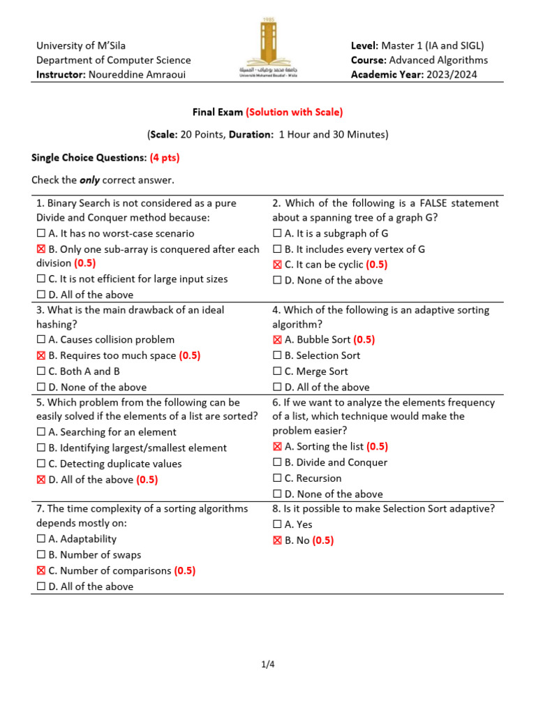 Advanced Algorithms Exam Solutions | PDF | Iteration | Combinatorics