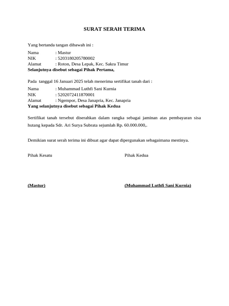 Surat Serah Terima Sertifikat Tanah | PDF