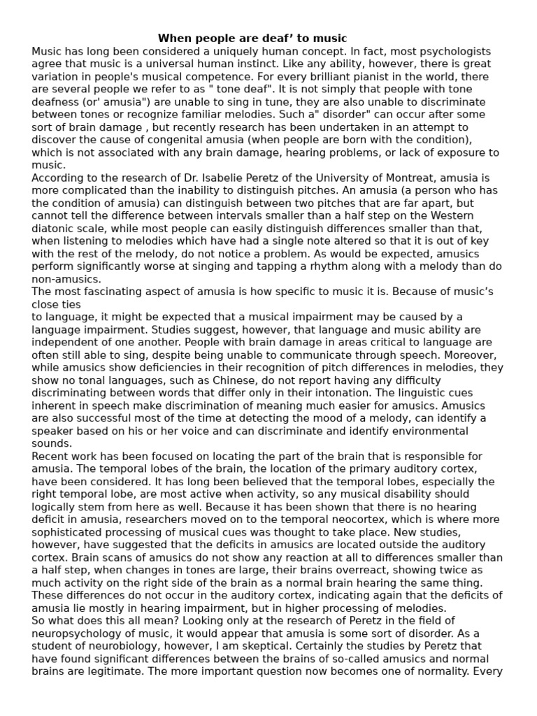 Understanding Amusia and Musical Ability | PDF | Behavioural Sciences ...