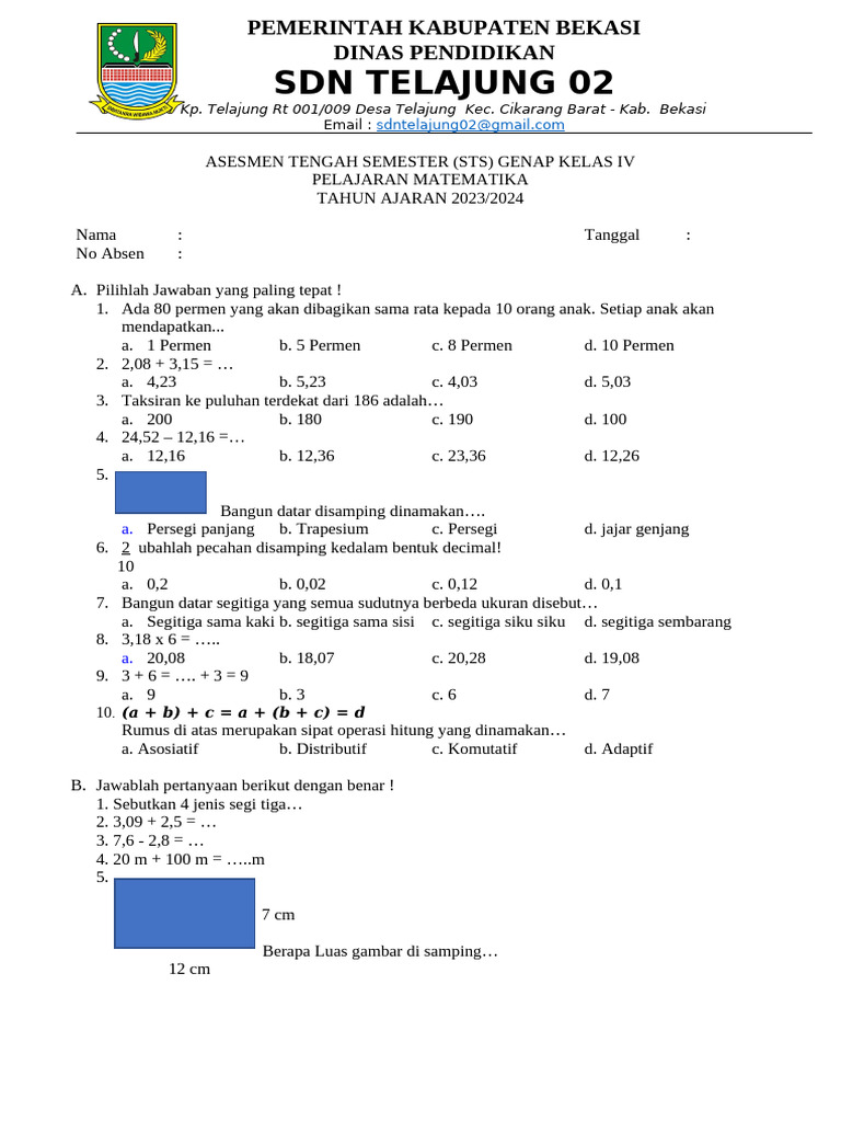 Soal PTS MTK SMTR 2 | PDF