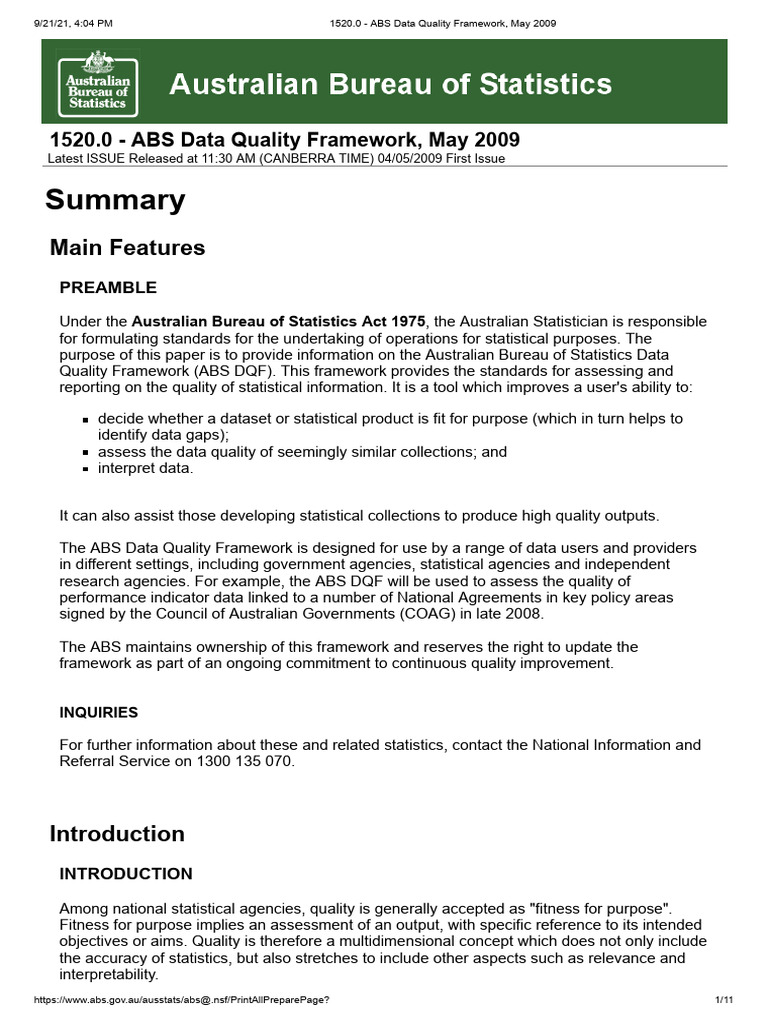 1520.0 - ABS Data Quality Framework, May 2009 | PDF | Sampling ...